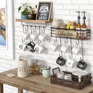 Coffee Cup Holder Coffee Bar Shelf with 12 Mug Hooks, Mug Organizer Floating Mug Racks for Wall, Coffee Cup Display Hanger Pods Holder, Farmhouse Coffee Bar Decor Kitchen Accessories