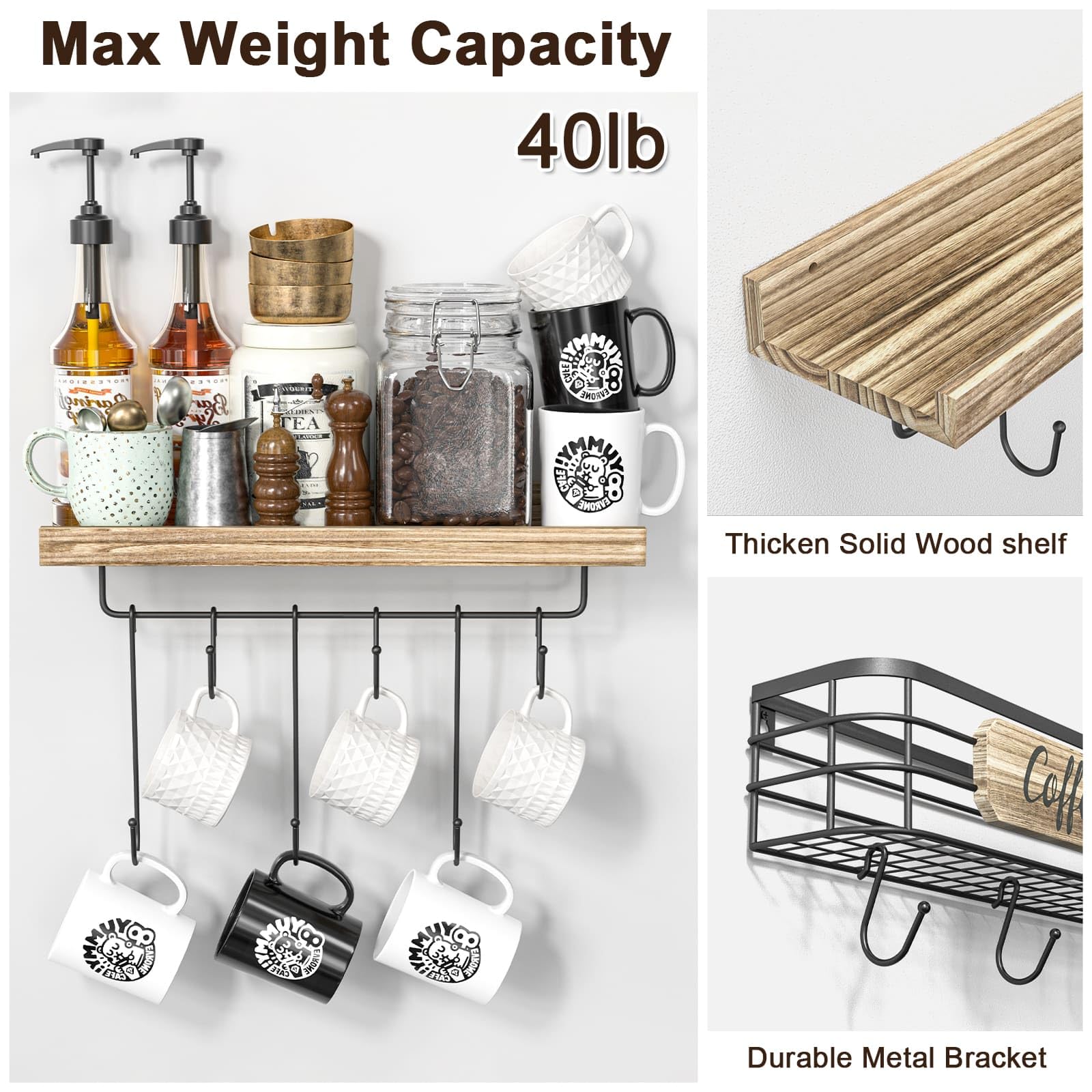 Coffee Cup Holder Coffee Bar Shelf with 12 Mug Hooks, Mug Organizer Floating Mug Racks for Wall, Coffee Cup Display Hanger Pods Holder, Farmhouse Coffee Bar Decor Kitchen Accessories