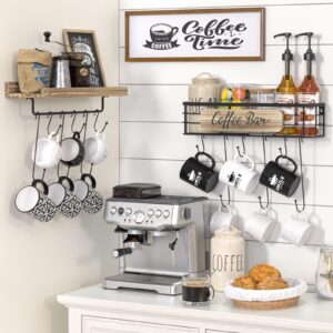 Coffee Cup Holder Coffee Bar Shelf with 12 Mug Hooks, Mug Organizer Floating Mug Racks for Wall, Coffee Cup Display Hanger Pods Holder, Farmhouse Coffee Bar Decor Kitchen Accessories