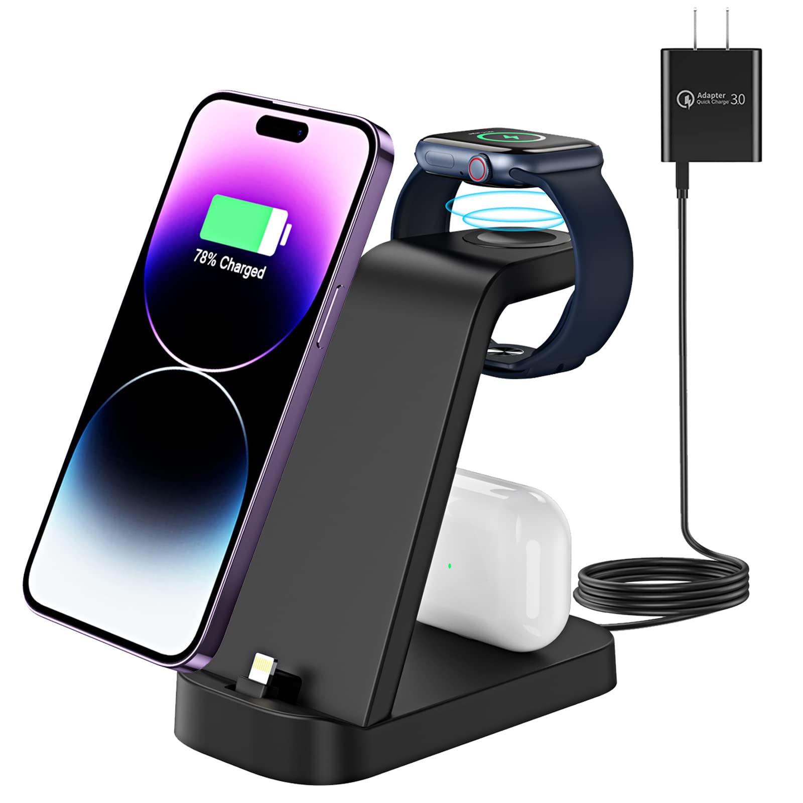 3 in 1 Charging Station for iPhone, Fast Charging Dock Stand Apple Watch Charger Ultra/Ultra2/9/8/7/6/SE/5/4/3/2, for iPhone 14/13/12/11/Pro/Max/XS/XR/X/8/7/6/5/Plus,AirPods 1/2/3/Pro/Pro2 (Black)