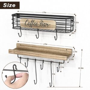 Coffee Cup Holder Coffee Bar Shelf with 12 Mug Hooks, Mug Organizer Floating Mug Racks for Wall, Coffee Cup Display Hanger Pods Holder, Farmhouse Coffee Bar Decor Kitchen Accessories