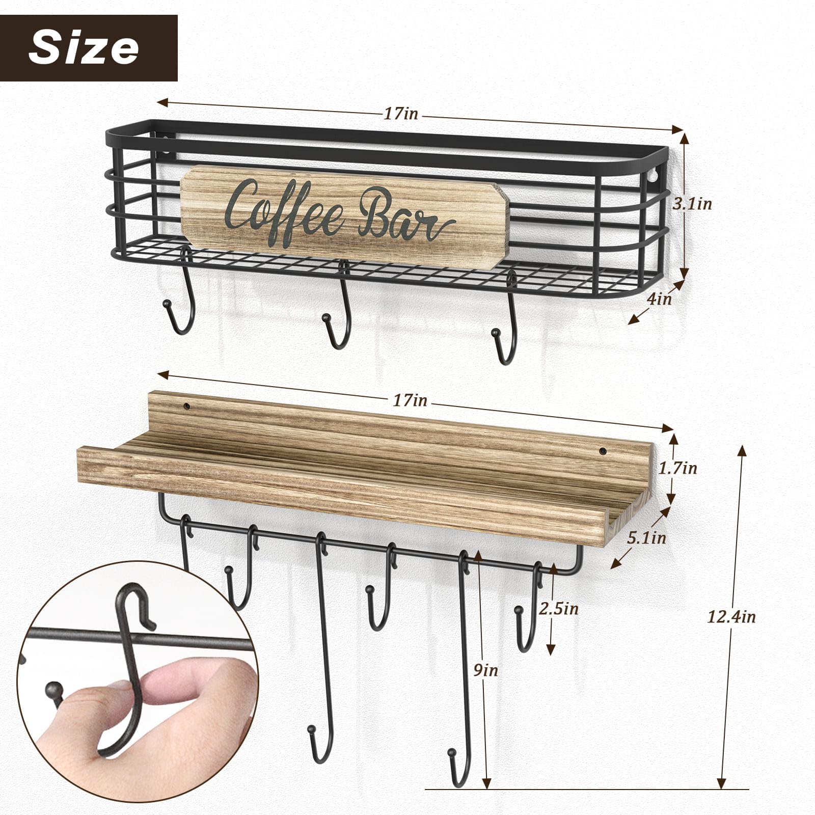 Coffee Cup Holder Coffee Bar Shelf with 12 Mug Hooks, Mug Organizer Floating Mug Racks for Wall, Coffee Cup Display Hanger Pods Holder, Farmhouse Coffee Bar Decor Kitchen Accessories