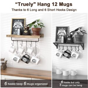 Coffee Cup Holder Coffee Bar Shelf with 12 Mug Hooks, Mug Organizer Floating Mug Racks for Wall, Coffee Cup Display Hanger Pods Holder, Farmhouse Coffee Bar Decor Kitchen Accessories