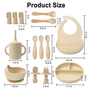 LITTLE RAWR Silicone Baby Feeding Set 14 Pcs,Baby Led Weaning Supplies, Baby Spoons Suction Bowl Divided Plate Bib Cup Finger Brush,First Stage Solid Food Eating Utensils - 6+ Months(Beige)