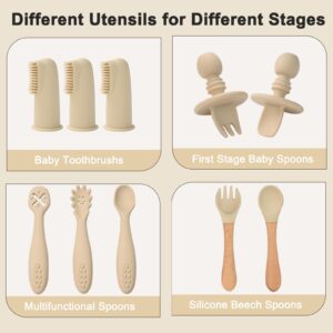 LITTLE RAWR Silicone Baby Feeding Set 14 Pcs,Baby Led Weaning Supplies, Baby Spoons Suction Bowl Divided Plate Bib Cup Finger Brush,First Stage Solid Food Eating Utensils - 6+ Months(Beige)