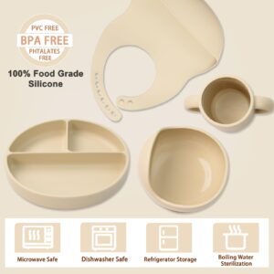 LITTLE RAWR Silicone Baby Feeding Set 14 Pcs,Baby Led Weaning Supplies, Baby Spoons Suction Bowl Divided Plate Bib Cup Finger Brush,First Stage Solid Food Eating Utensils - 6+ Months(Beige)