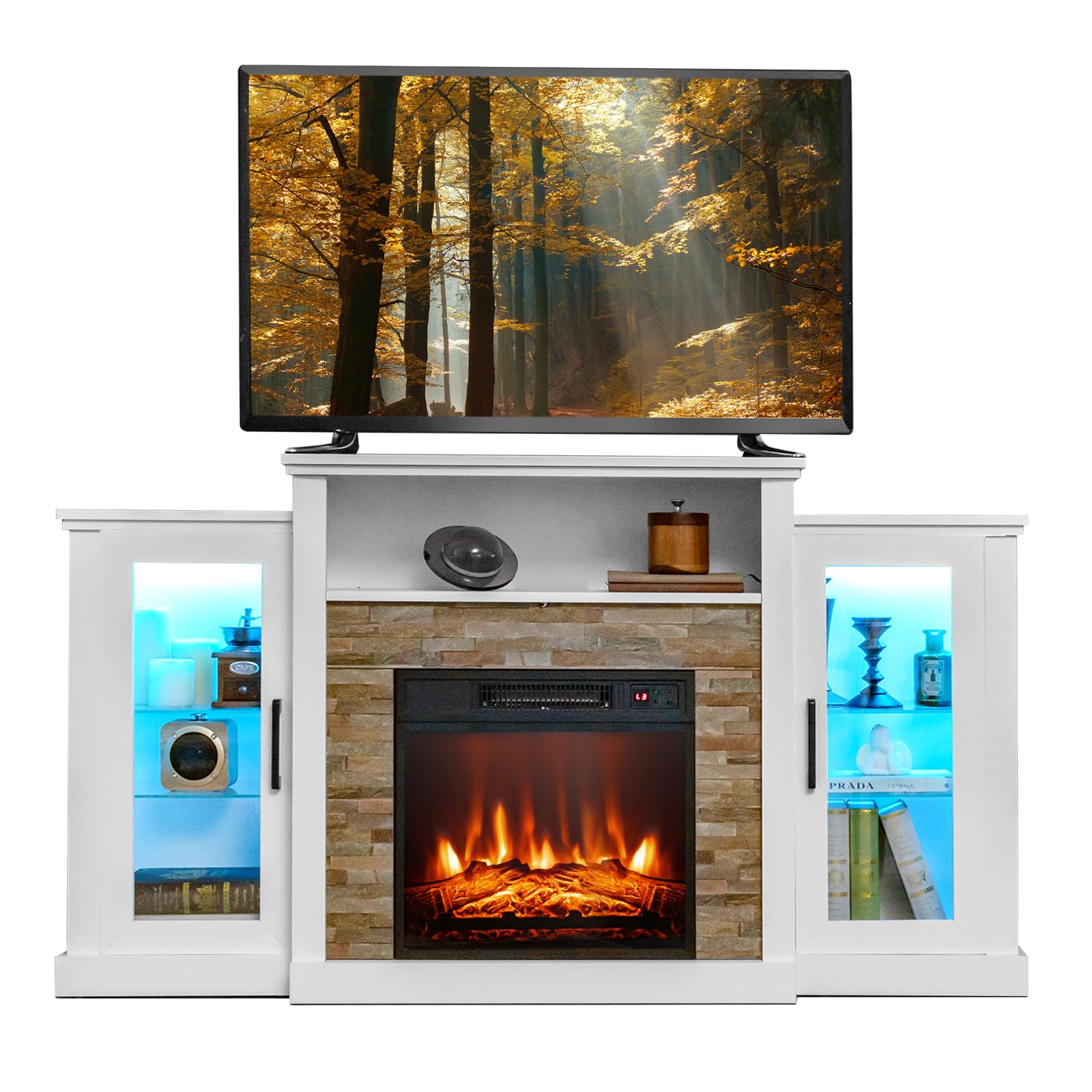 COSTWAY Electric Fireplace TV Stand for TVs Up to 65 Inches, 18-inch Fireplace Insert with APP Control, Remote Control, 16 Color Lights, Wooden Entertainment Center with Adjustable Shelves, White