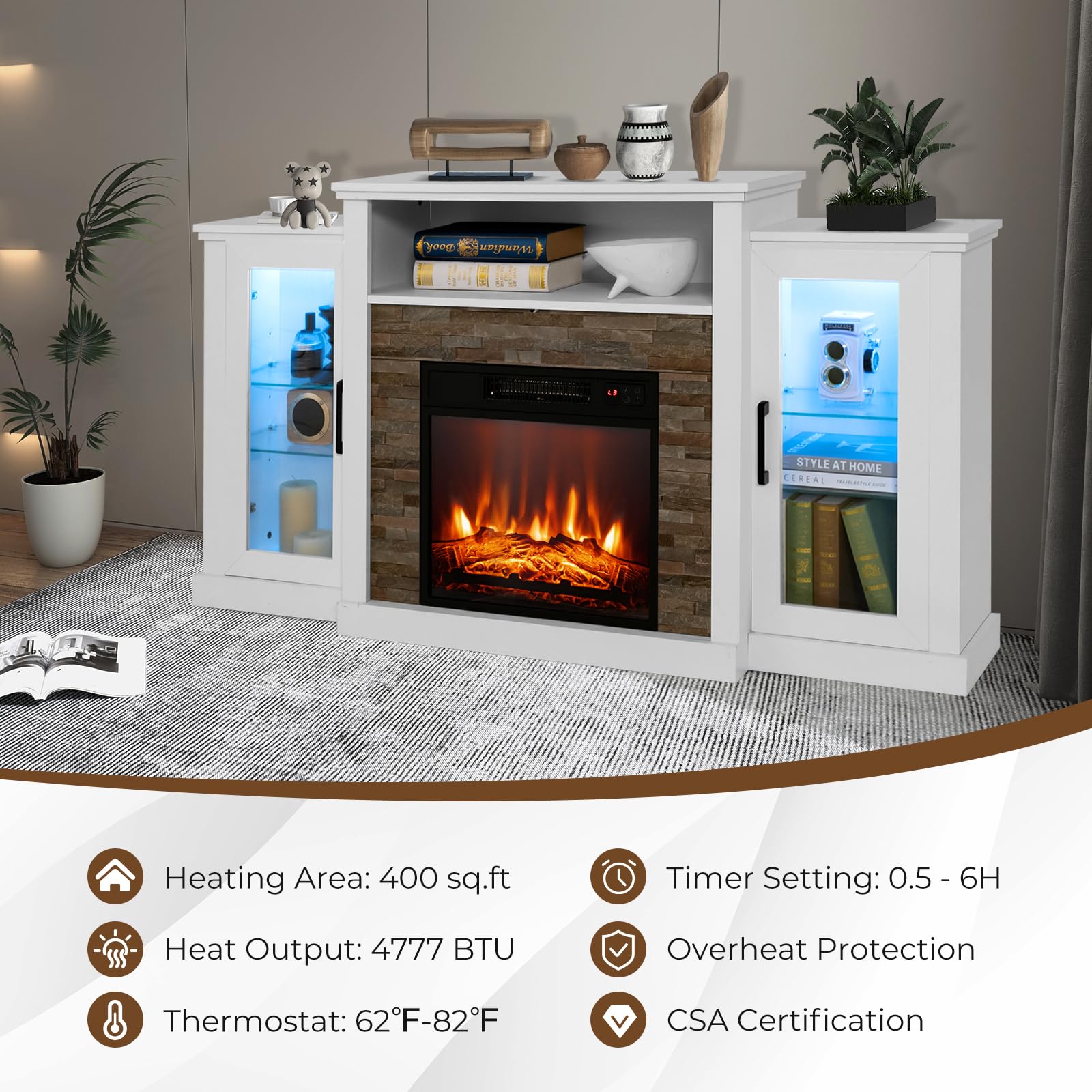 COSTWAY Electric Fireplace TV Stand for TVs Up to 65 Inches, 18-inch Fireplace Insert with APP Control, Remote Control, 16 Color Lights, Wooden Entertainment Center with Adjustable Shelves, White