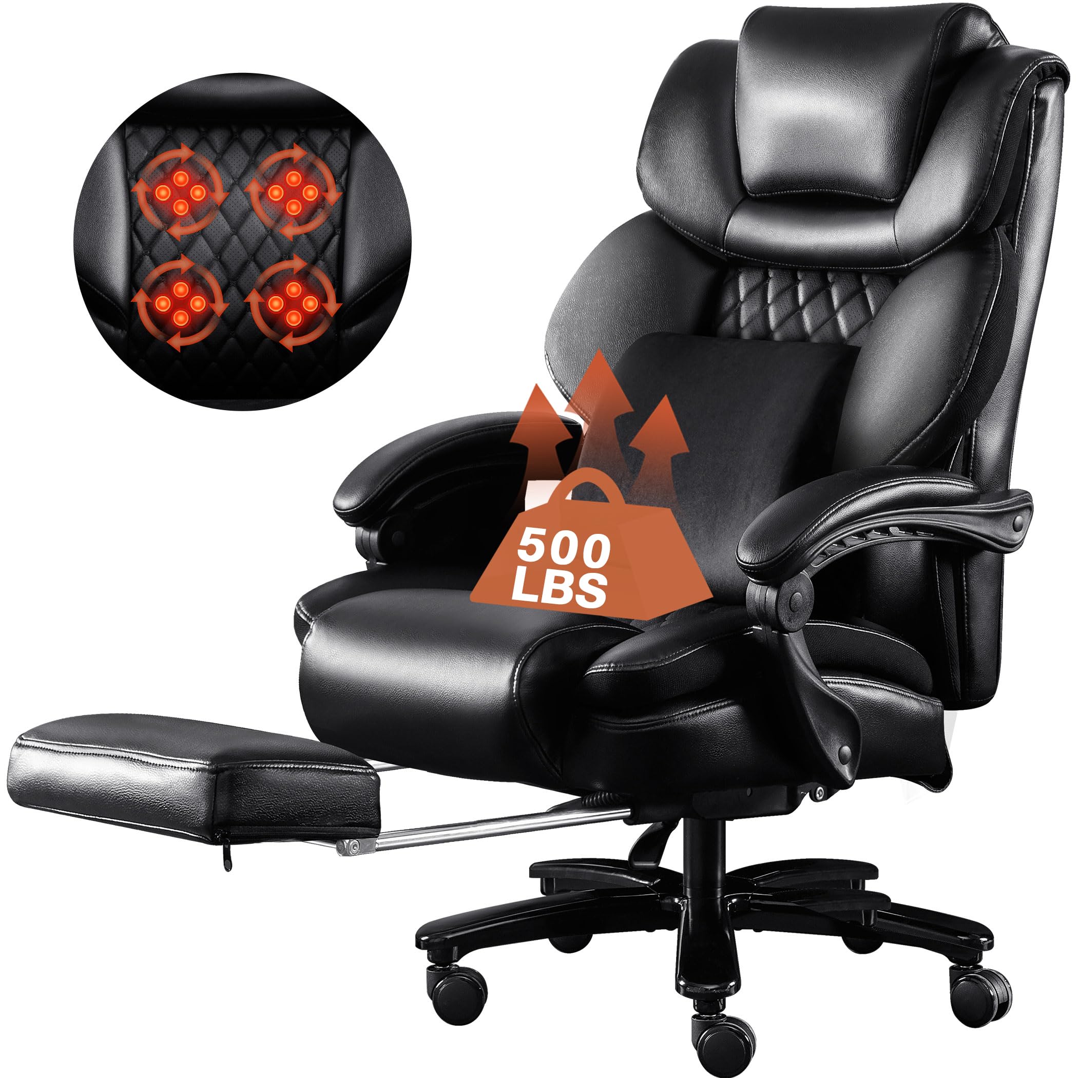 Big and Tall Office Chair 500lbs with 3D Rolling Massage Lumbar Cushion Executive Office Chair High Back Reclining Office Chair with Footrest Wide Seat Breathable Back Support Home Office Desk Chairs