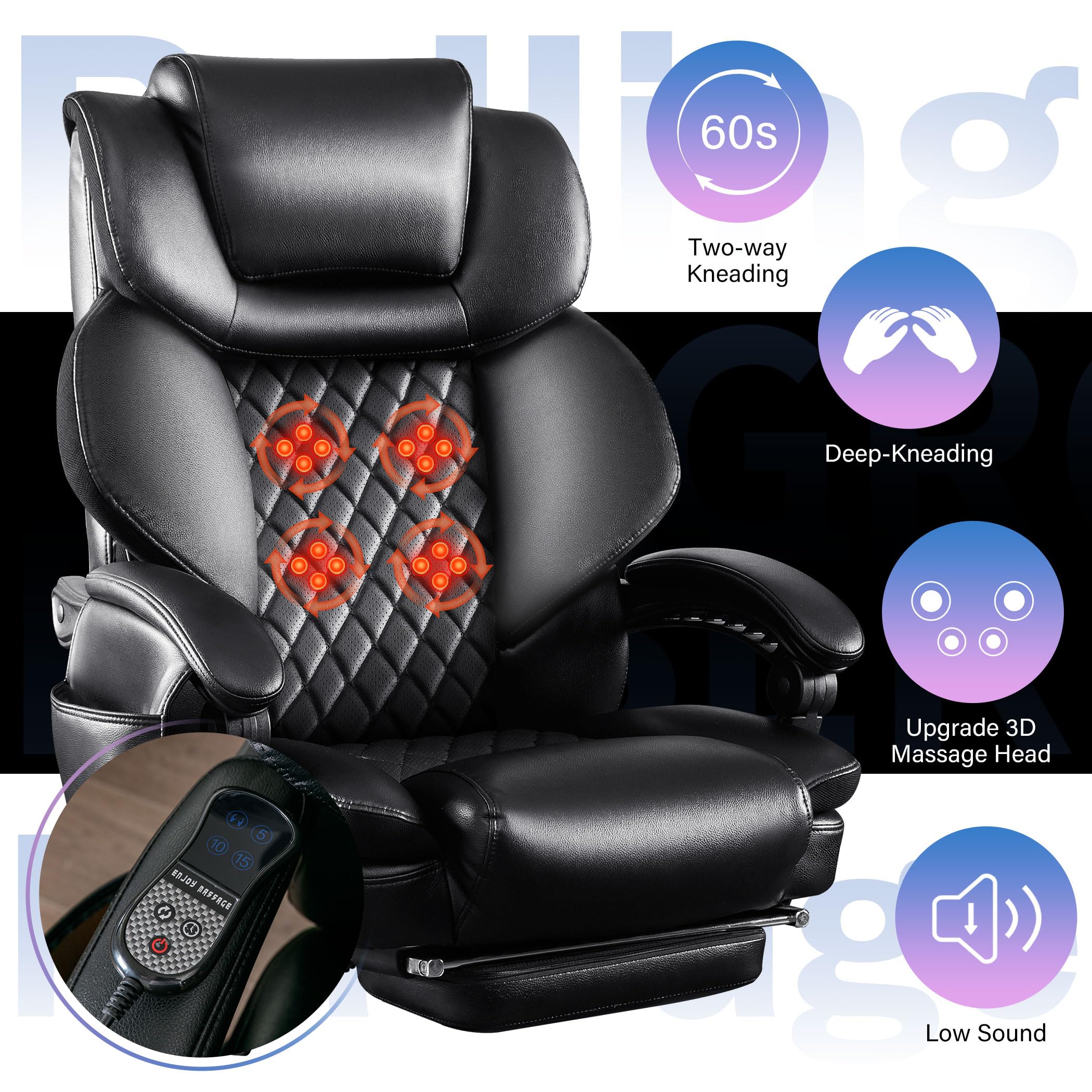 Big and Tall Office Chair 500lbs with 3D Rolling Massage Lumbar Cushion Executive Office Chair High Back Reclining Office Chair with Footrest Wide Seat Breathable Back Support Home Office Desk Chairs