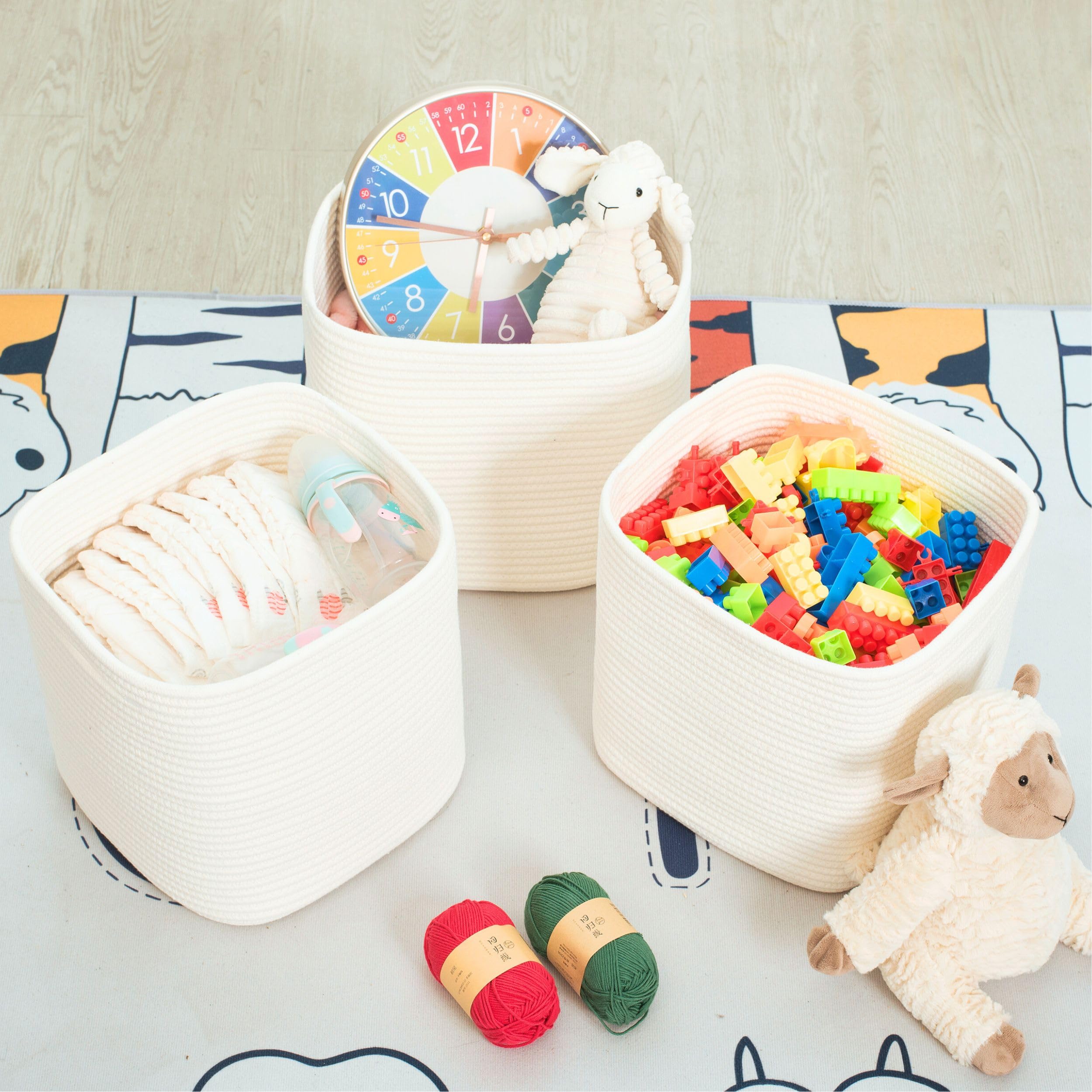 MINTWOOD Design 3-Pack 11x11 Inch Cube Storage Bin, Woven Storage Cube Organizer, Closet Organizer, Cute Square Storage Bins, Decorative Classroom Bathroom Pantry and Shelf Baskets, Creamy White