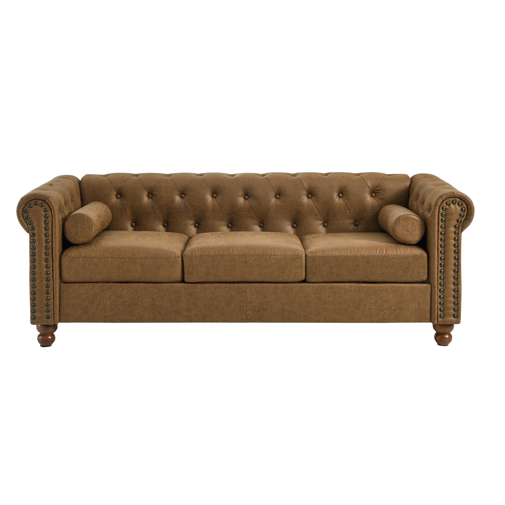 Asucoora Upholstered Chesterfield Tufted Leather Sofa Couch for Living Room, Rolled Arm 3 Seater Sofa Couch with Nailhead Trim and 2 Neck Roll Pillows, Brown