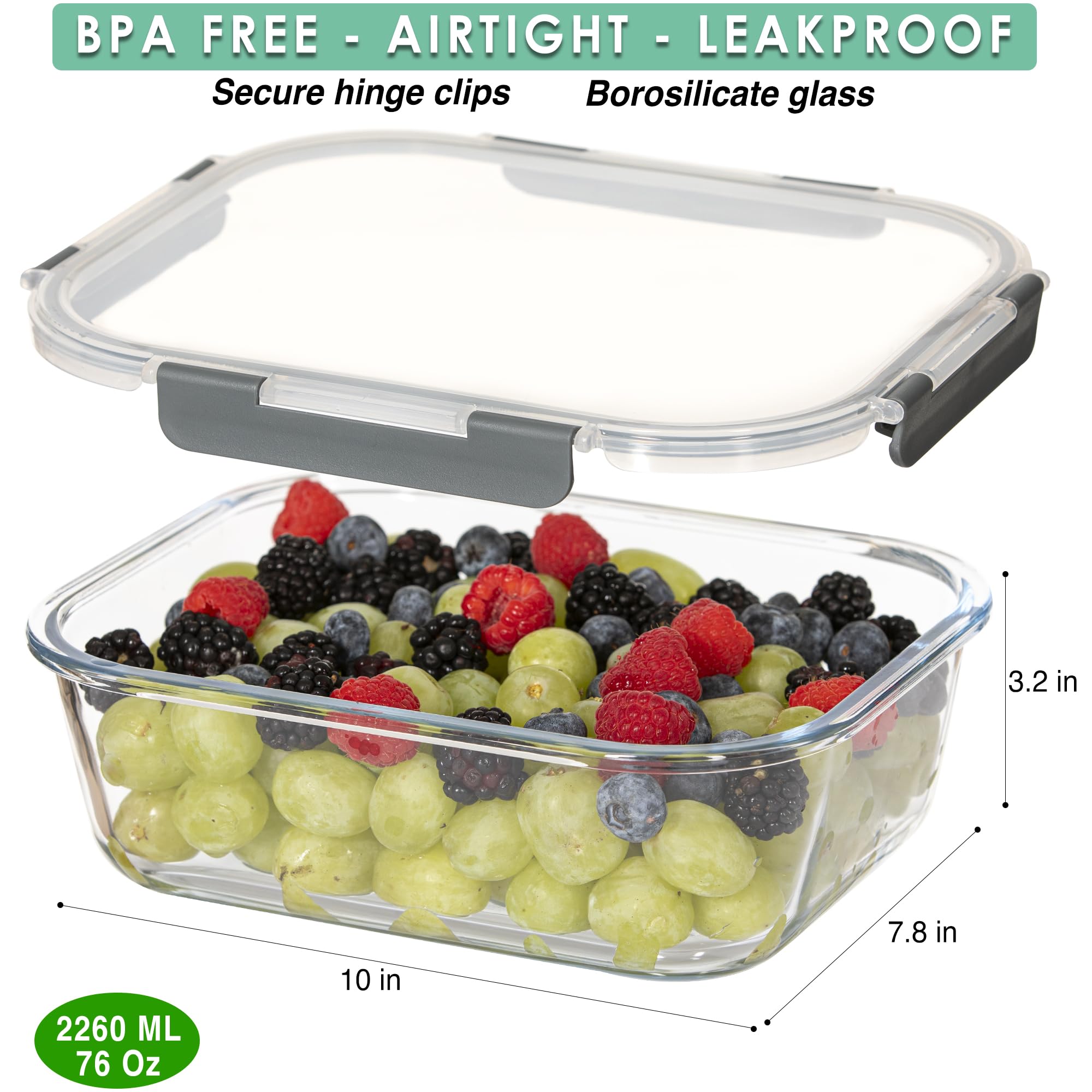 FOOD BOUTIQUE - 10 Cups Large Glass Food Storage Container with Lid set