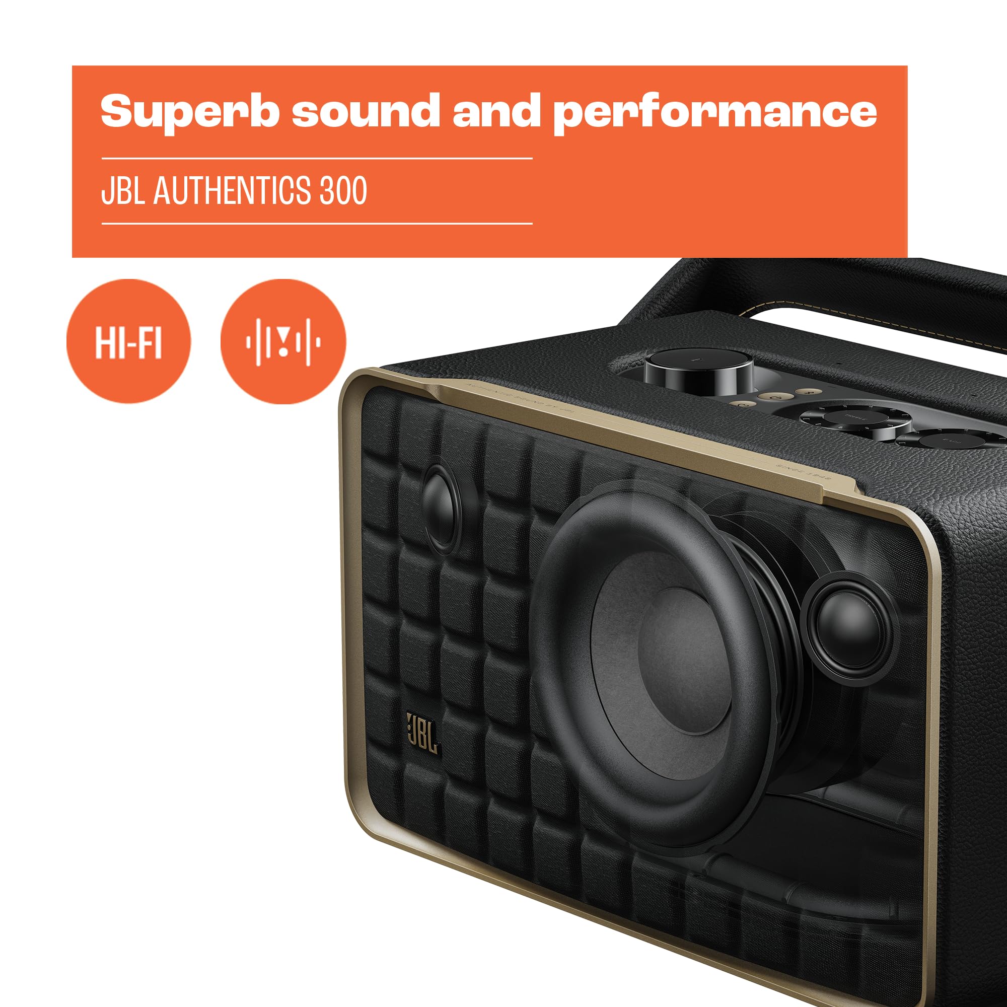 JBL Authentics 300 - Retro Style Wireless Bluetooth/WiFi Home Speaker, Built in Battery (4800mAh), Music Streaming Services via Built-in Wi-Fi, Built in Alexa and Google Assistant