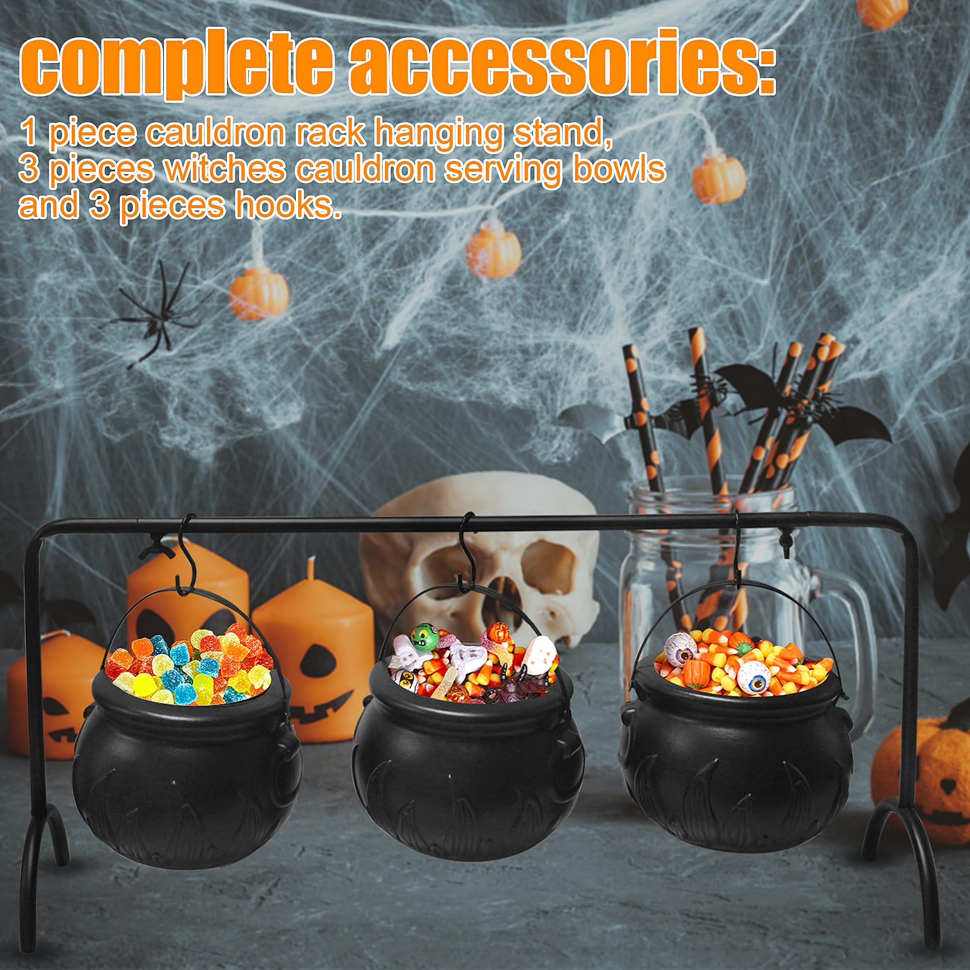 Zhitaoxun 3pcs Witches Cauldron Serving Bowls with Iron Rack,Halloween Party Decotations,Black Plastic Candy Bucket Cauldron Bowls for Halloween Outdoor and Indoor Decor