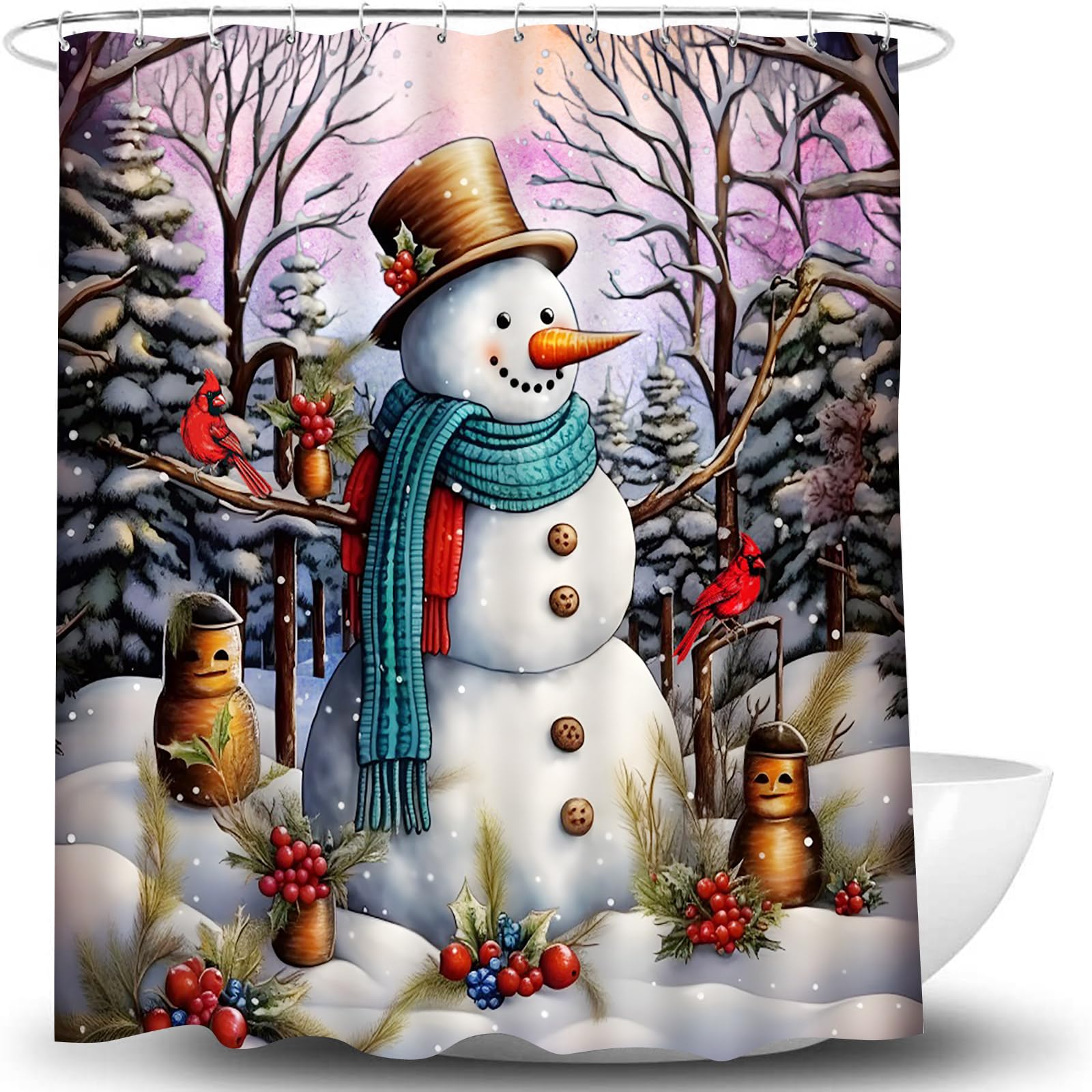 Merry Christmas Snowman Shower Curtain Winter Rustic Farmhouse Forest Xmas Snowflake Snow Country Pinecone Cute Red Bird New Year Holiday Fabric Polyester Curtains Bathroom Set Hooks 70x70 Inch