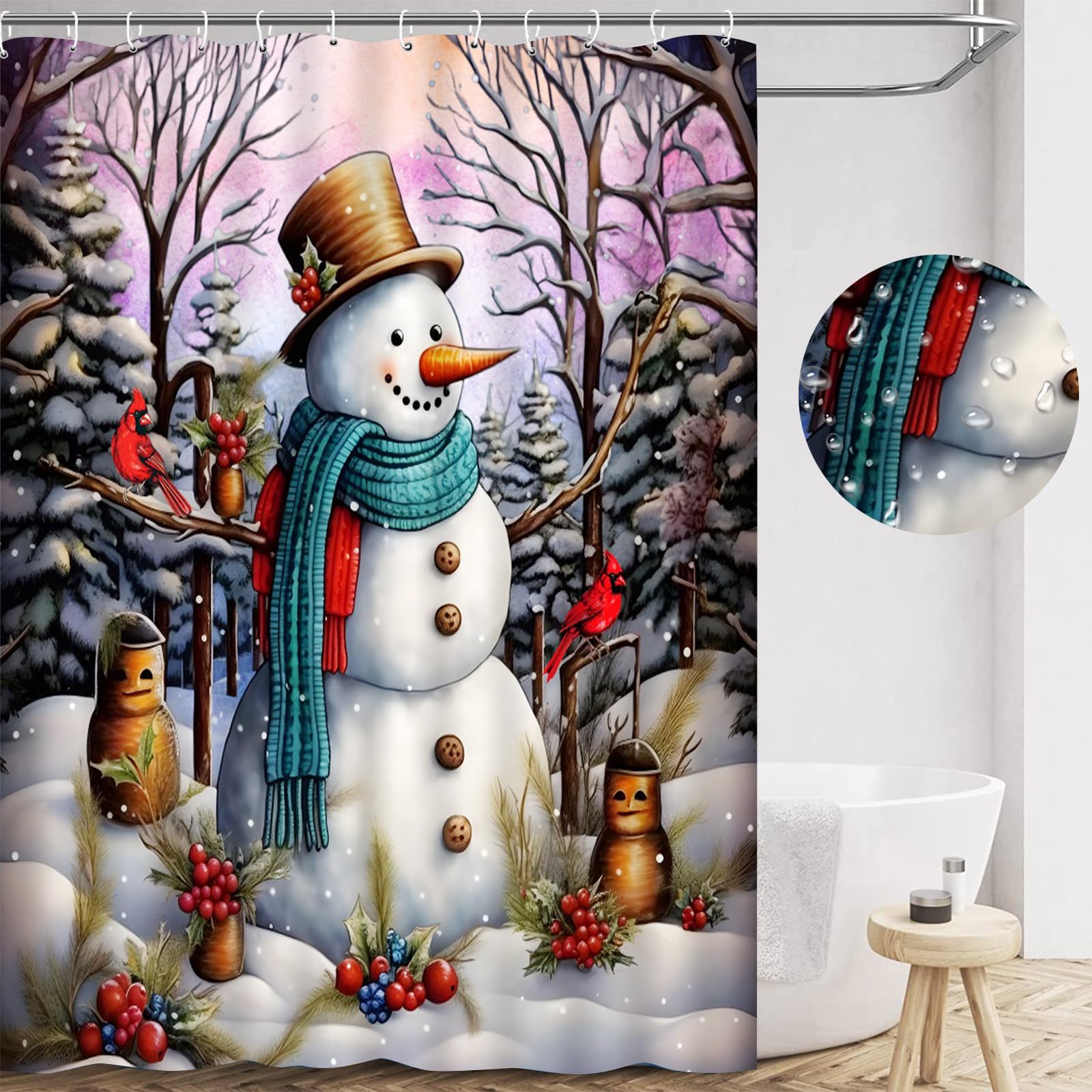 Merry Christmas Snowman Shower Curtain Winter Rustic Farmhouse Forest Xmas Snowflake Snow Country Pinecone Cute Red Bird New Year Holiday Fabric Polyester Curtains Bathroom Set Hooks 70x70 Inch