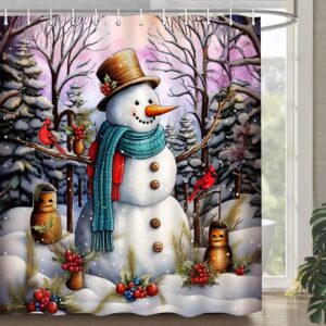 Merry Christmas Snowman Shower Curtain Winter Rustic Farmhouse Forest Xmas Snowflake Snow Country Pinecone Cute Red Bird New Year Holiday Fabric Polyester Curtains Bathroom Set Hooks 70x70 Inch