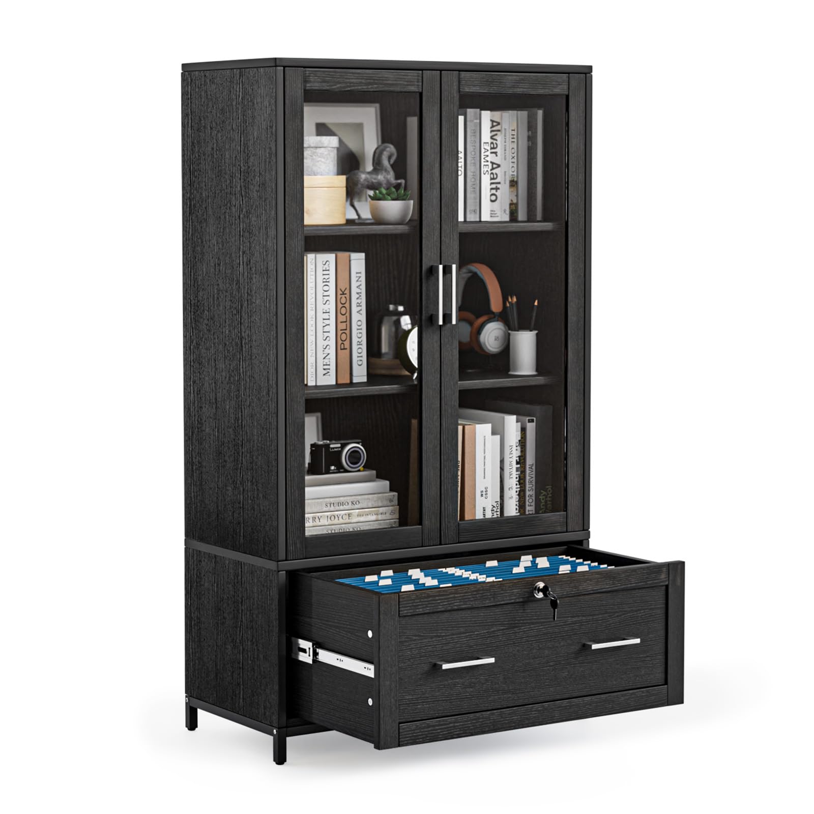 VINGLI Lateral File Cabinet with Glass Doors and Locking Drawer for Hanging File Folders, Bookshelf with Adjustable Shelves for Home Office (Black, 30''W x 16''D x 55''H)