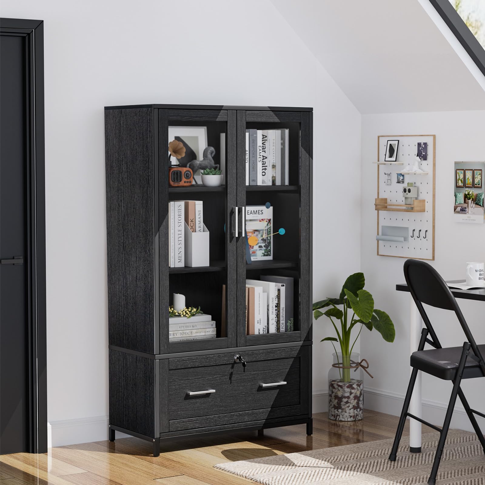 VINGLI Lateral File Cabinet with Glass Doors and Locking Drawer for Hanging File Folders, Bookshelf with Adjustable Shelves for Home Office (Black, 30''W x 16''D x 55''H)