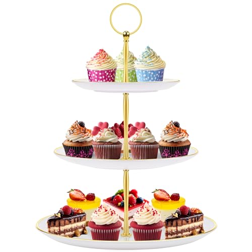 PinCute Cupcake Stand Holder - 3 Tier Cup Cake Dessert Tower, Plastic Tiered Serving Tray&Metal Rod for Birthday Party, Baby Shower and More (White)