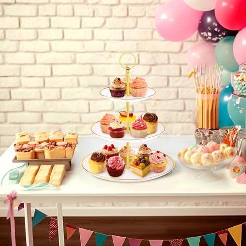 PinCute Cupcake Stand Holder - 3 Tier Cup Cake Dessert Tower, Plastic Tiered Serving Tray&Metal Rod for Birthday Party, Baby Shower and More (White)