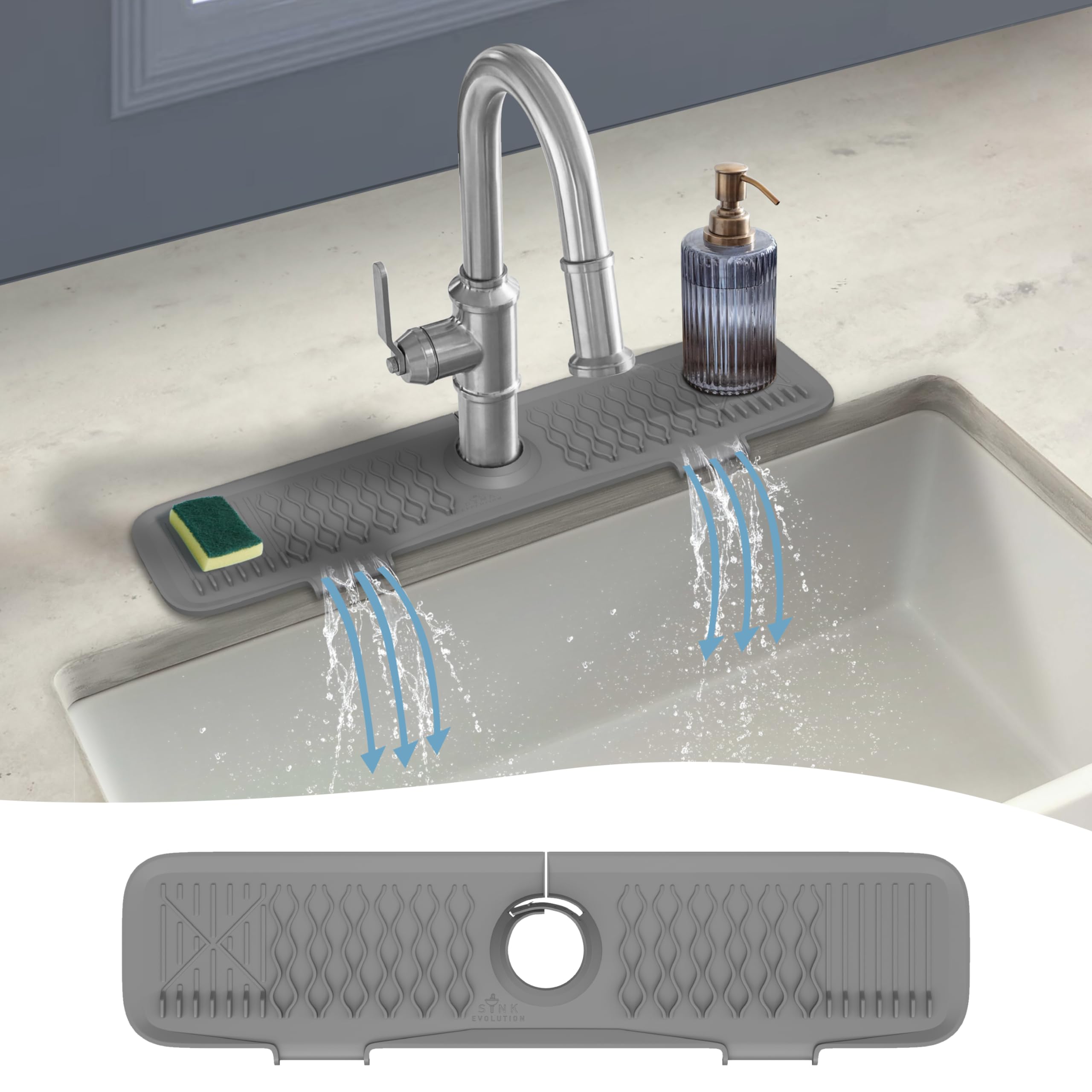 SINK EVOLUTION Kitchen Sink Splash Guard behind Faucet with Buckle Adjustment - 24 inch Faucet Mat, Self Draining with Slope and 2 long-spout drains, Sink Accessories for Kitchen Counter and Bathroom