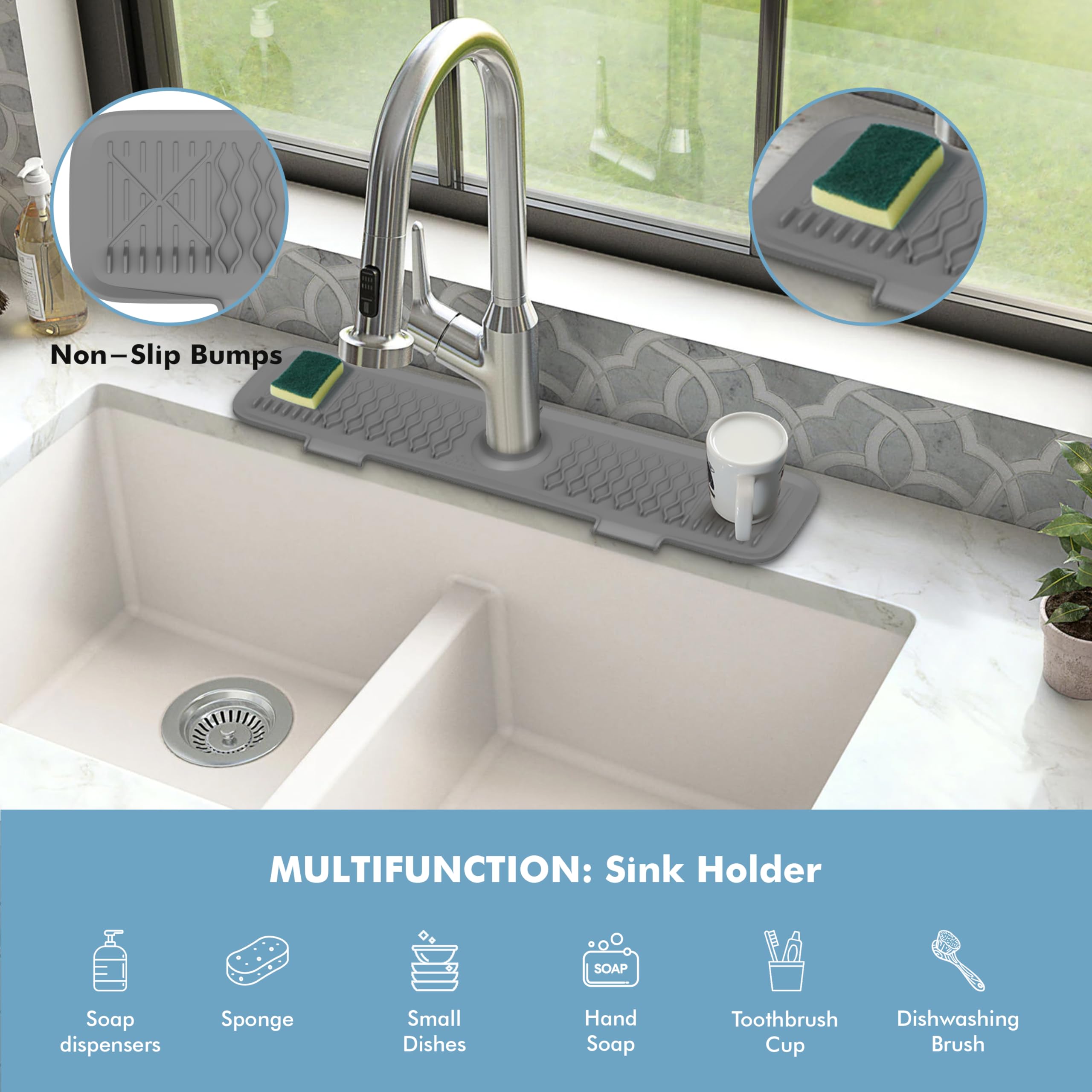 SINK EVOLUTION Kitchen Sink Splash Guard behind Faucet with Buckle Adjustment - 24 inch Faucet Mat, Self Draining with Slope and 2 long-spout drains, Sink Accessories for Kitchen Counter and Bathroom