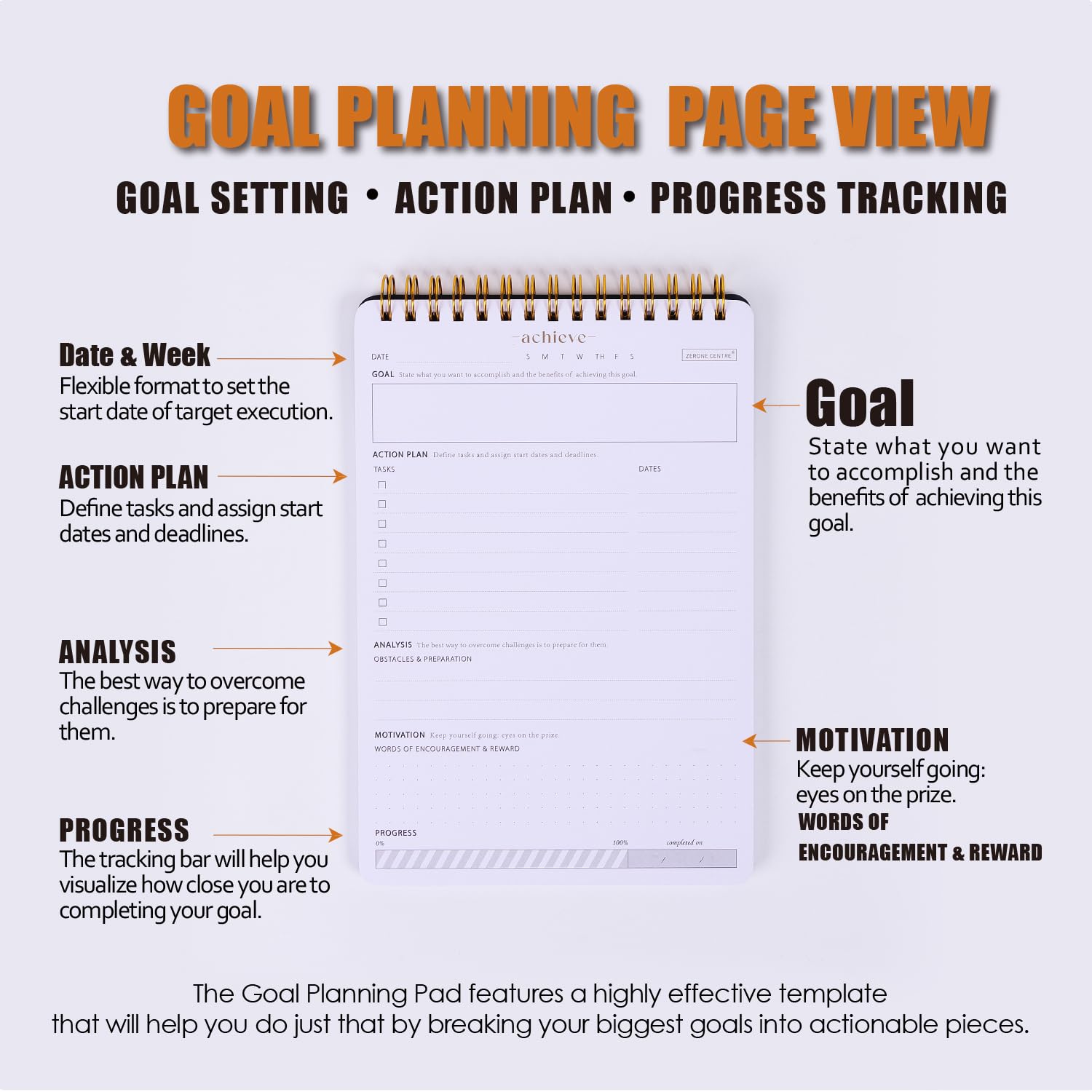 Goal Planning Notepad - A5 Goal Setting Journal for Project Management with Action plan, Task List & Daily Goal Tracker. Productivity Planner for Business Work - 54 Sheets