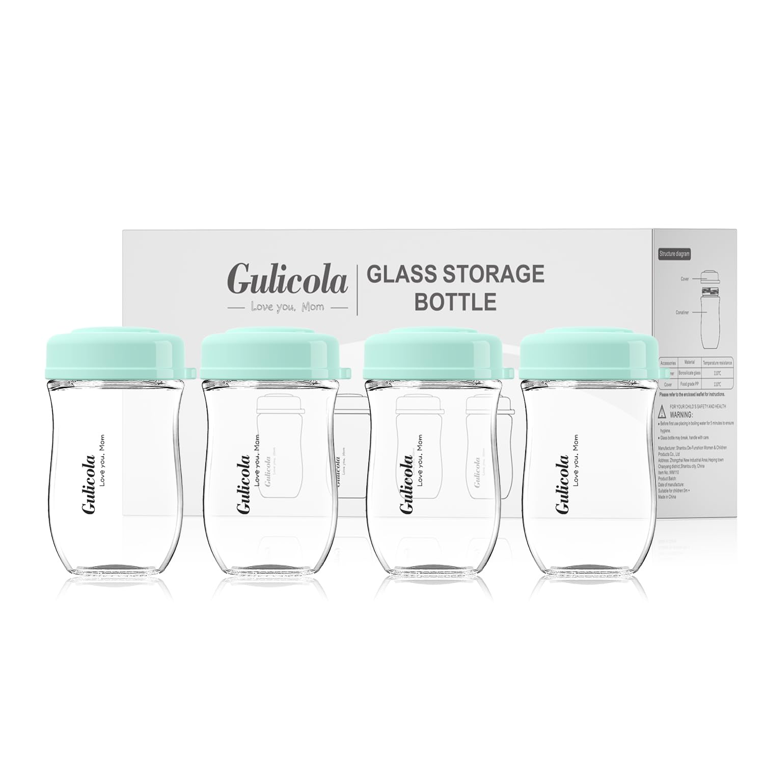 Gulicola Glass Breastmilk Storage Bottles, Wide Neck Breastmilk Collection Bottles, 5 oz, 4 Pack - Green