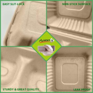 MURUOCO, 200-PACK 100% Compostable Clamshell Take Out Food Containers- Heavy-Duty Quality to go boxes, Microwave-Safe, Made of Sugar Cane Fibers- 9x9 3-compartment