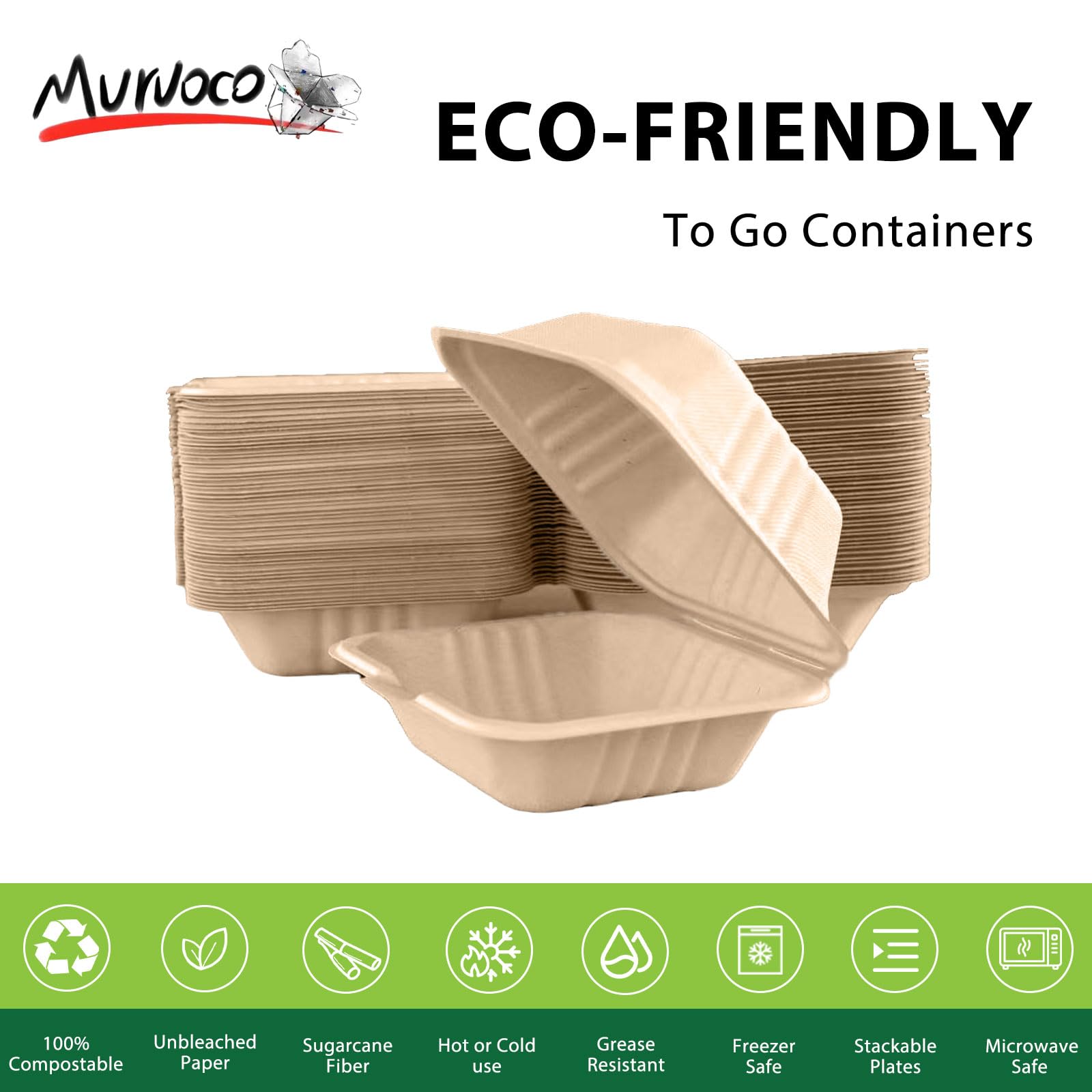 MURUOCO, 200-PACK 100% Compostable Clamshell Take Out Food Containers- Heavy-Duty Quality to go boxes, Microwave-Safe, Made of Sugar Cane Fibers- 9x9 3-compartment