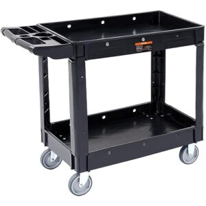 vevor utility service cart, 2 shelf 550lbs heavy duty plastic rolling utility cart with 360° swivel wheels, medium lipped shelf, ergonomic storage handle for warehouse garage cleaning office