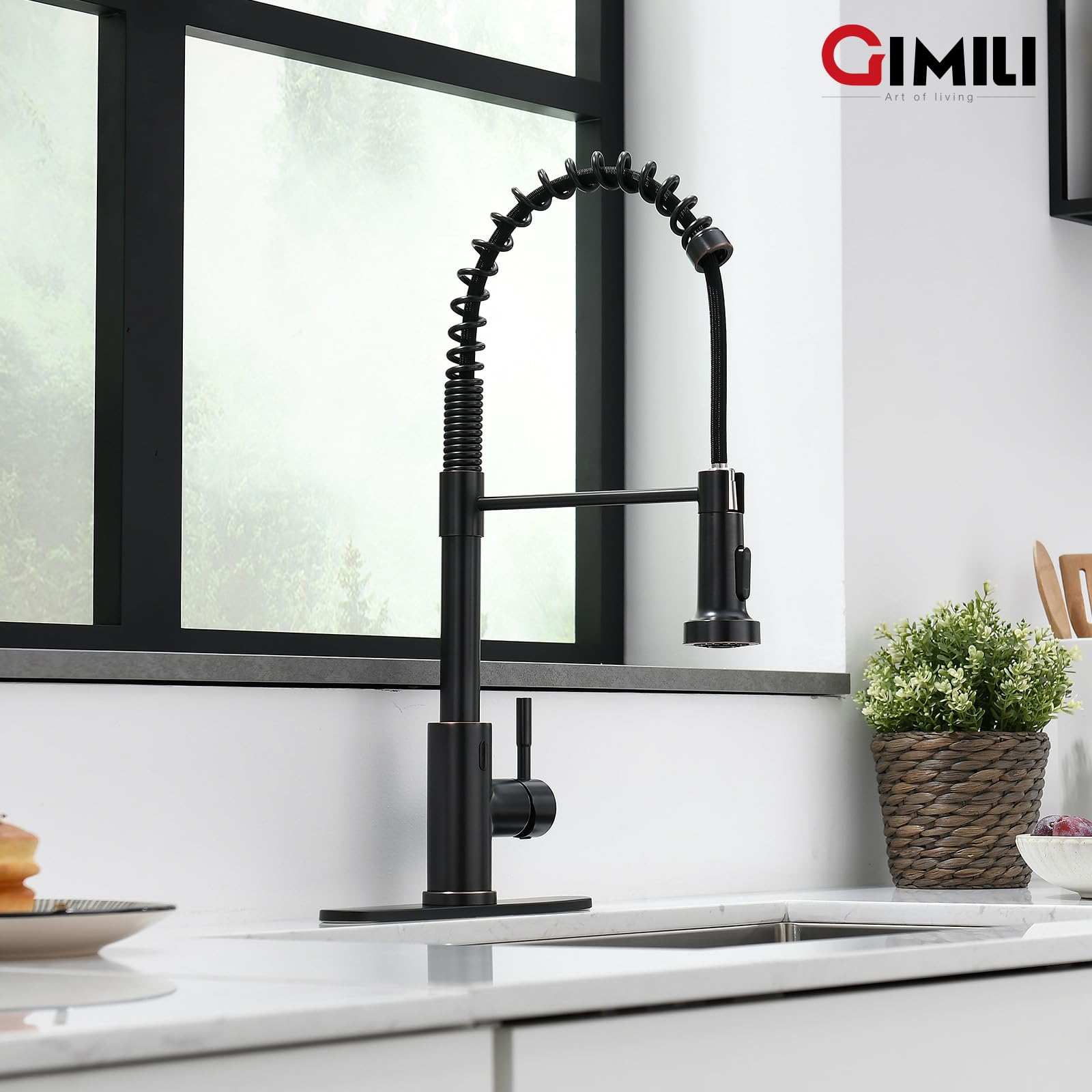 GIMILI Oil Rubbed Bronze Touchless Kitchen Faucet with AC Adapter, Motion Sensor Smart Hands Free Single Handle Kitchen Sink Faucet with Pull Down Sprayer