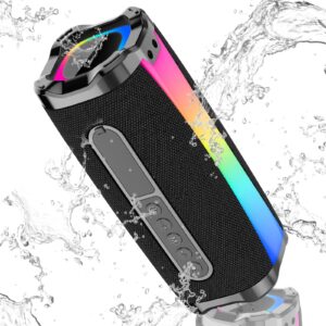 portable bluetooth speaker, ip7 waterproof wireless speaker with 20w loud stereo sound, fm radio, rgb lights, deep bass, 100ft bluetooth range, bt5.1, mic, aux, outdoor speaker for home, travel