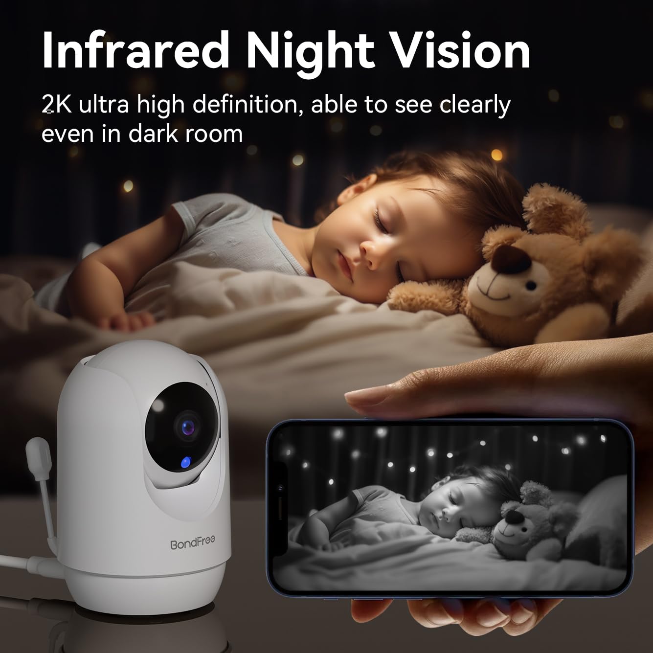 BondFree Baby Monitor with Camera and Audio, 2K Smart Baby Monitor with App,Temperature& Humidity,2-Way Talk,Night Vision,14 Lullabies,Cry & Motion Detection,4X Zoom-2.4Ghz WiFi Baby Monitor