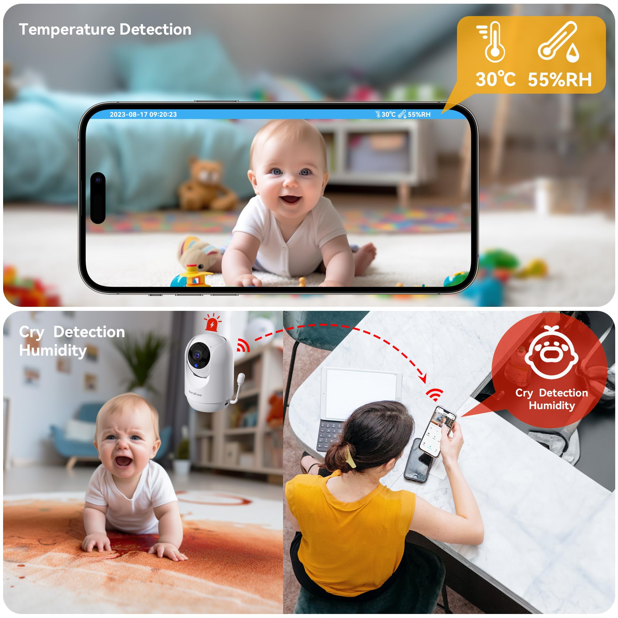 BondFree Baby Monitor with Camera and Audio, 2K Smart Baby Monitor with App,Temperature& Humidity,2-Way Talk,Night Vision,14 Lullabies,Cry & Motion Detection,4X Zoom-2.4Ghz WiFi Baby Monitor