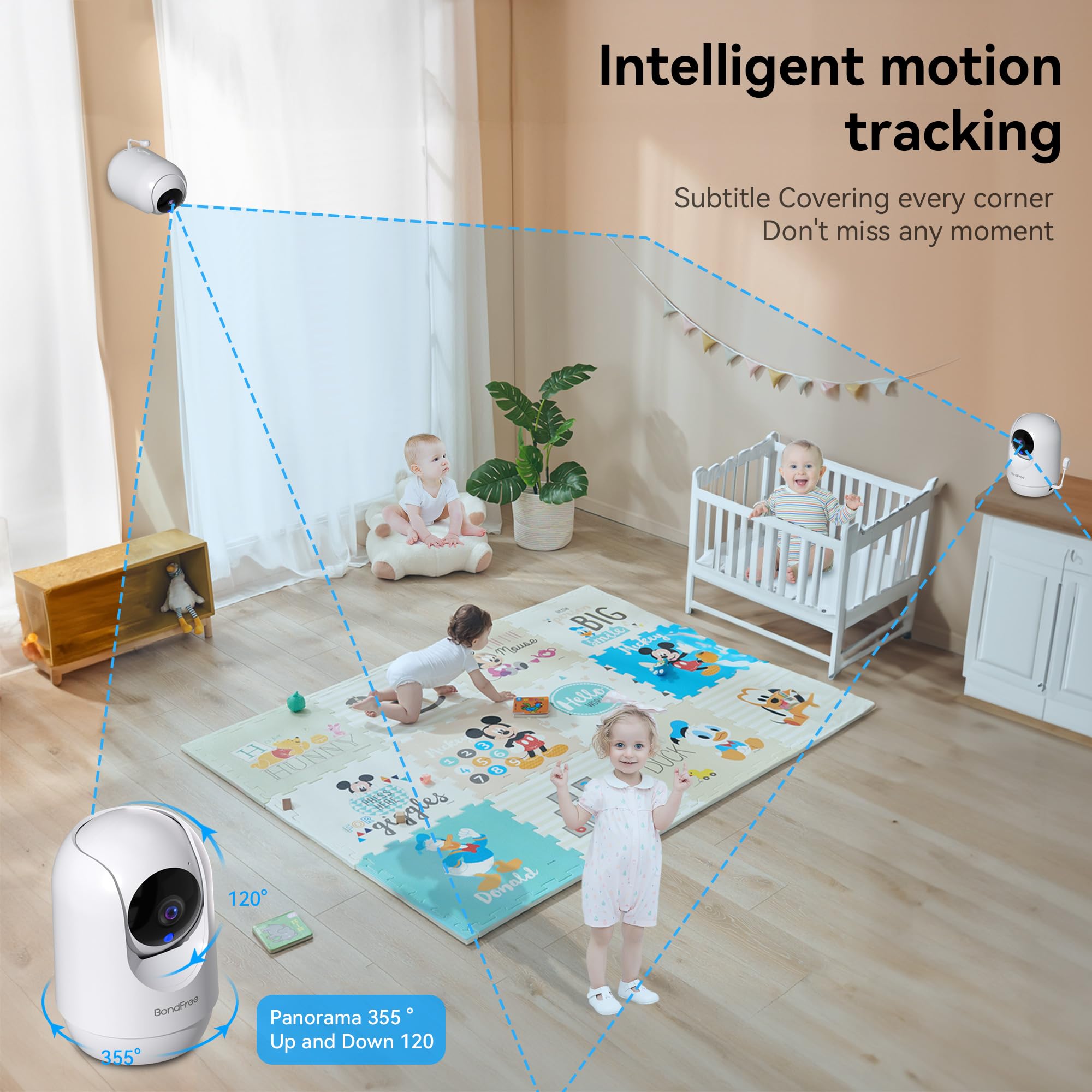 BondFree Baby Monitor with Camera and Audio, 2K Smart Baby Monitor with App,Temperature& Humidity,2-Way Talk,Night Vision,14 Lullabies,Cry & Motion Detection,4X Zoom-2.4Ghz WiFi Baby Monitor