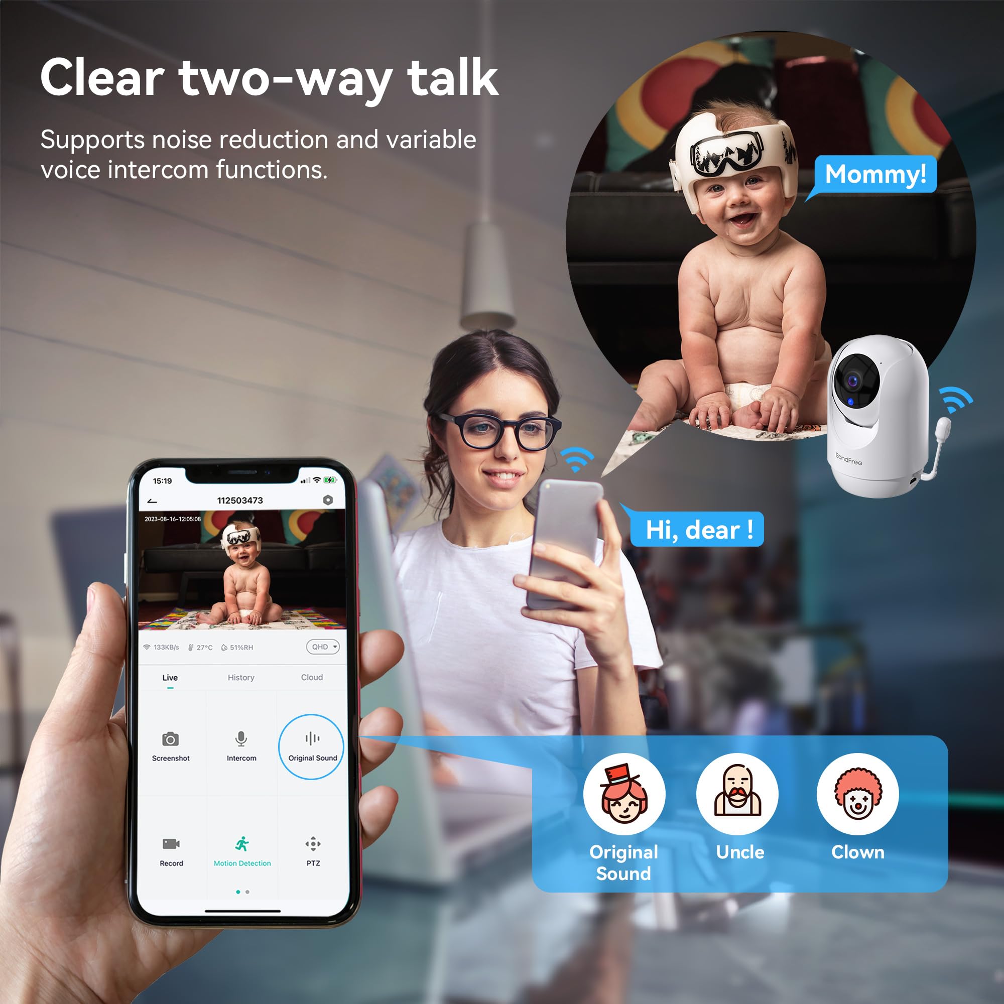 BondFree Baby Monitor with Camera and Audio, 2K Smart Baby Monitor with App,Temperature& Humidity,2-Way Talk,Night Vision,14 Lullabies,Cry & Motion Detection,4X Zoom-2.4Ghz WiFi Baby Monitor