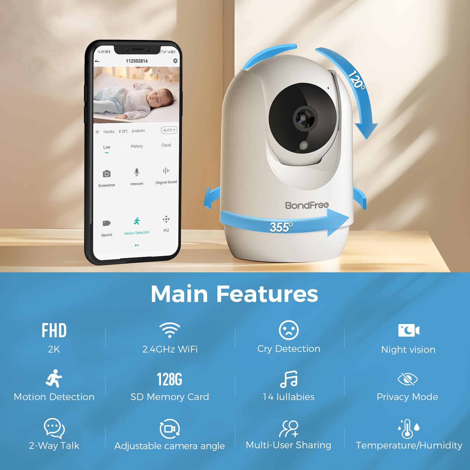 BondFree Baby Monitor with Camera and Audio, 2K Smart Baby Monitor with App,Temperature& Humidity,2-Way Talk,Night Vision,14 Lullabies,Cry & Motion Detection,4X Zoom-2.4Ghz WiFi Baby Monitor