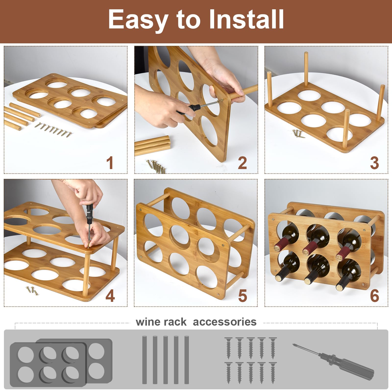 IWNTWY Wine Rack, 2 Tier 6 Bottles Bamboo Wine Racks for Cabinet Countertop, Free Standing Wine Shelf Holder Organizer for Kitchen Bar Pantry Table Top