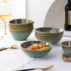 Henten Home Ceramic Cereal Bowls, Irregular Shape Pasta Bowls Set of 4, 25 OZ Porcelain Salad Bowls, Large Oatmeal Bowls for Kitchen, Serving Stoneware Bowls Set, Reactive Glaze (Green)