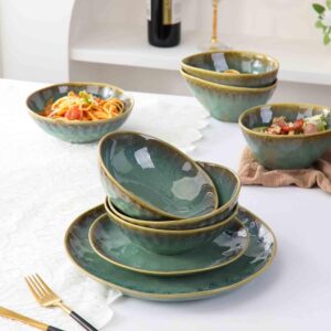 Henten Home Ceramic Cereal Bowls, Irregular Shape Pasta Bowls Set of 4, 25 OZ Porcelain Salad Bowls, Large Oatmeal Bowls for Kitchen, Serving Stoneware Bowls Set, Reactive Glaze (Green)