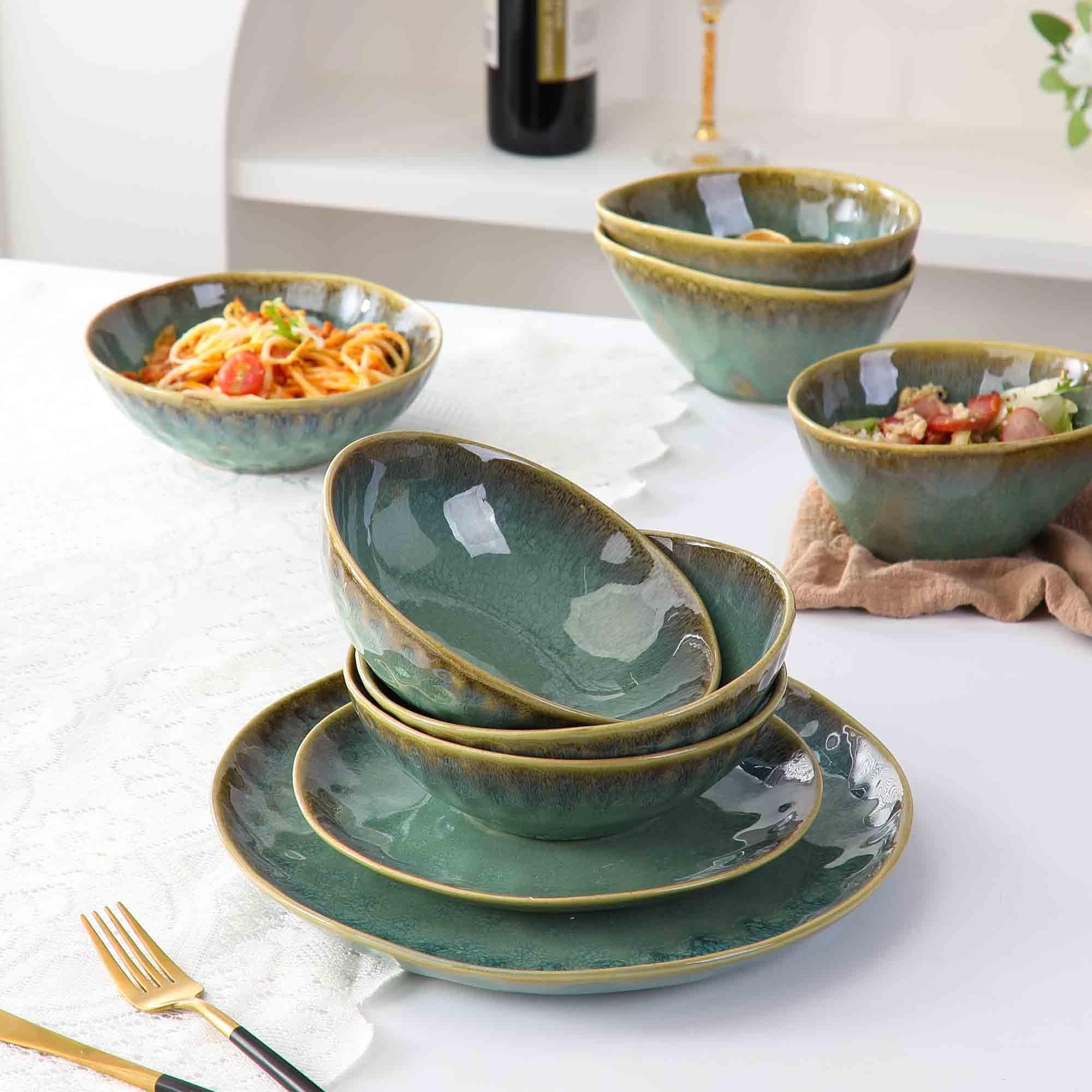 Henten Home Ceramic Cereal Bowls, Irregular Shape Pasta Bowls Set of 4, 25 OZ Porcelain Salad Bowls, Large Oatmeal Bowls for Kitchen, Serving Stoneware Bowls Set, Reactive Glaze (Green)