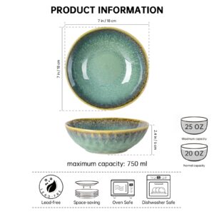 Henten Home Ceramic Cereal Bowls, Irregular Shape Pasta Bowls Set of 4, 25 OZ Porcelain Salad Bowls, Large Oatmeal Bowls for Kitchen, Serving Stoneware Bowls Set, Reactive Glaze (Green)