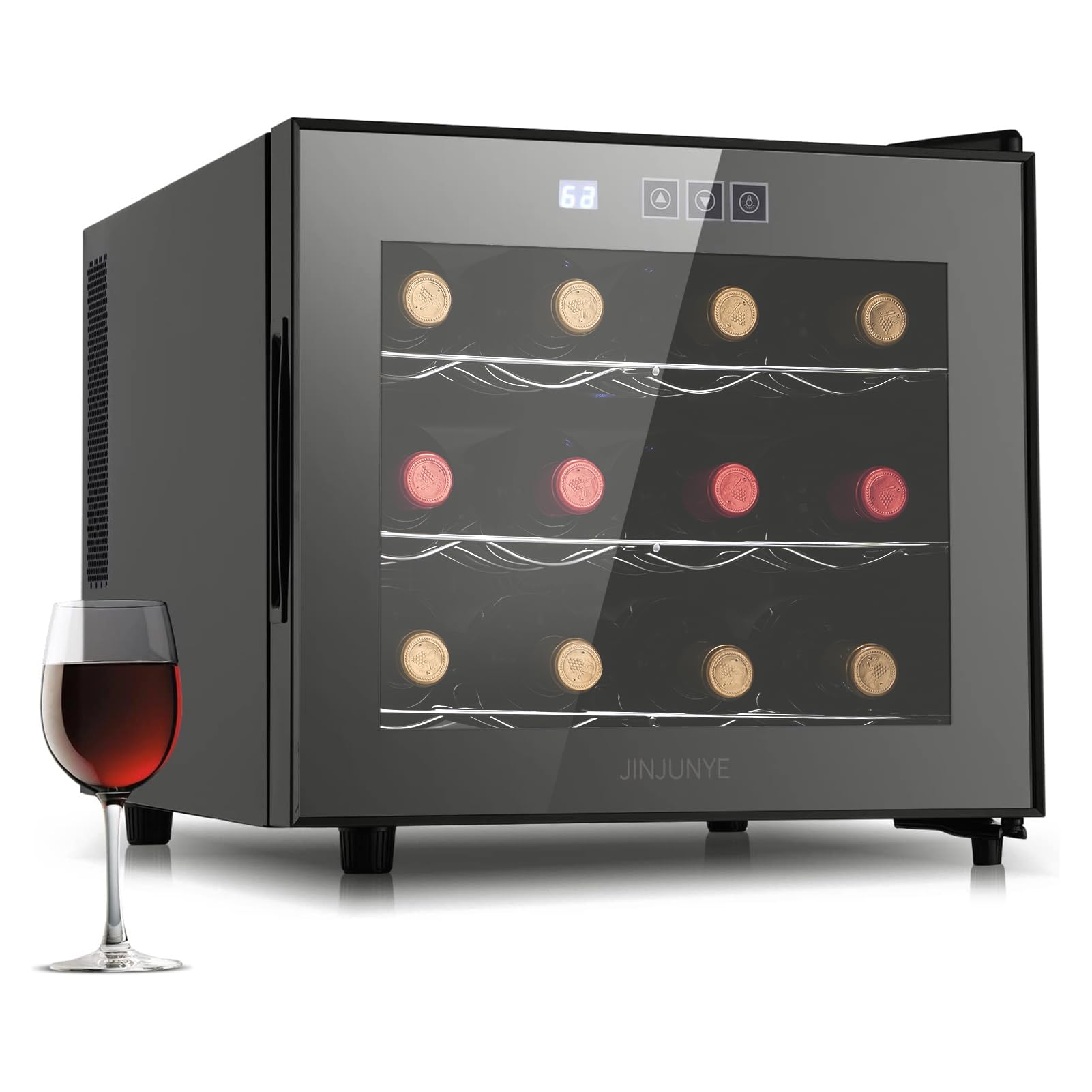 JINJUNYE 12 Bottle Wine Cooler Refrigerator, Small Wine Fridge Countertop with Digital Temperature Control, Mini Freestanding Wine Cellars Glass Door for Home, Office, Bar, Gift for Wine Lover