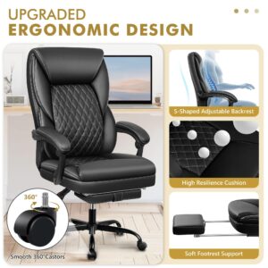 BestEra Office Chair, Big and Tall Office Chair Executive Office Chair with Foot Rest Ergonomic Office Chair Home Office Desk Chairs Reclining High Back Leather Chair with Lumbar Support (Black)