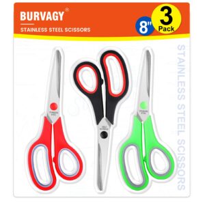 scissors set of 3-pack, 8" scissors all purpose comfort-grip handles sharp scissors for office home school craft sewing fabric supplies, high/middle school student teacher scissor, right/left handed