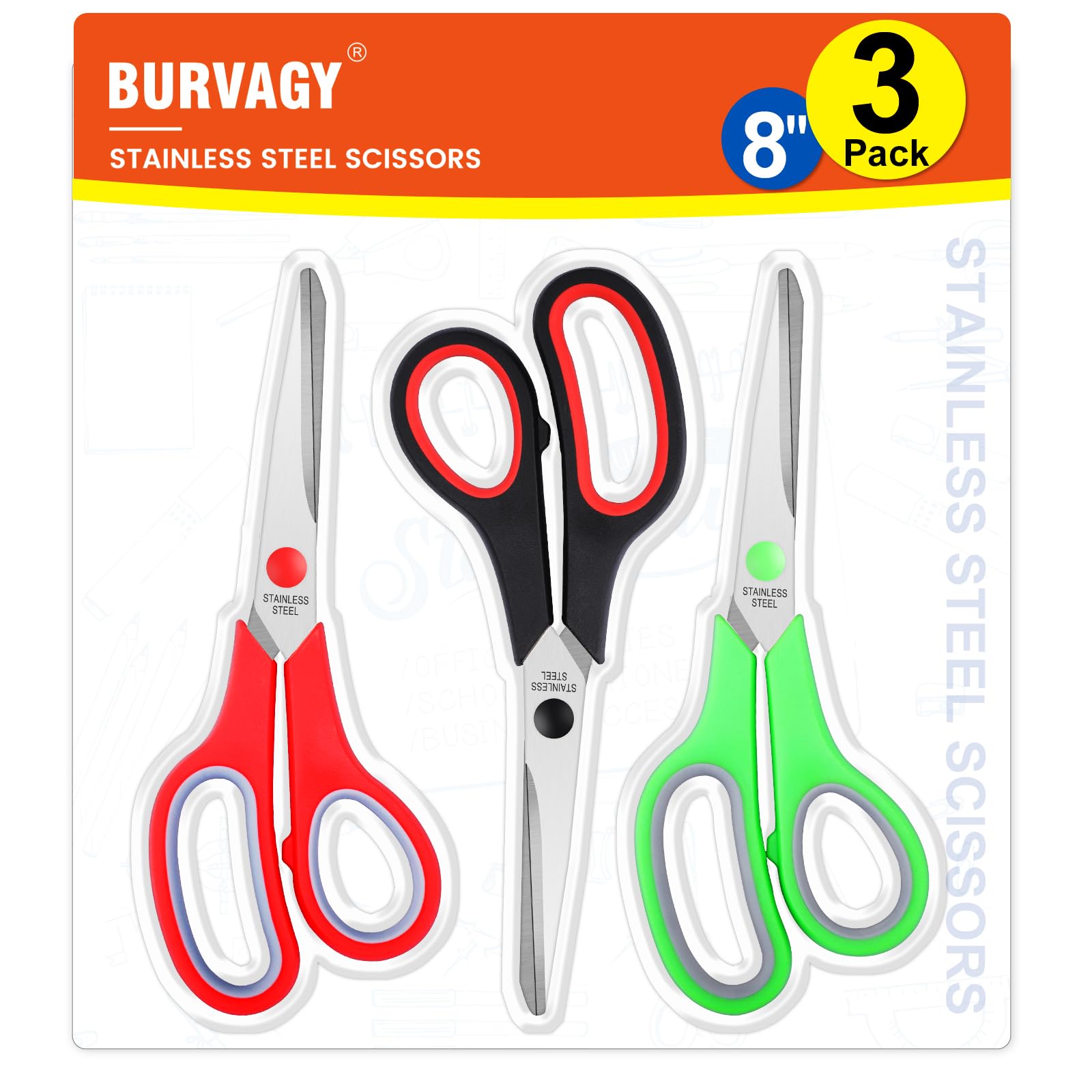 Scissors Set of 3-Pack, 8" Scissors All Purpose Comfort-Grip Handles Sharp Scissors for Office Home School Craft Sewing Fabric Supplies, High/Middle School Student Teacher Scissor, Right/Left Handed