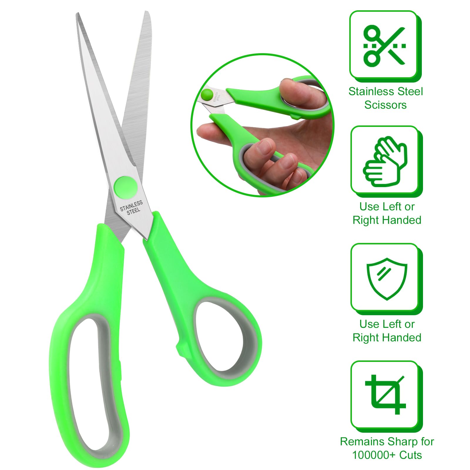 Scissors Set of 3-Pack, 8" Scissors All Purpose Comfort-Grip Handles Sharp Scissors for Office Home School Craft Sewing Fabric Supplies, High/Middle School Student Teacher Scissor, Right/Left Handed